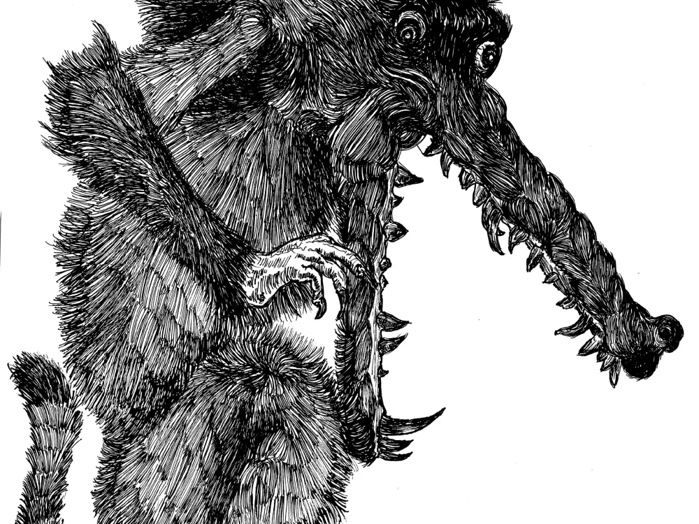 A complex and detailed illustration in black and white, ink technique ...