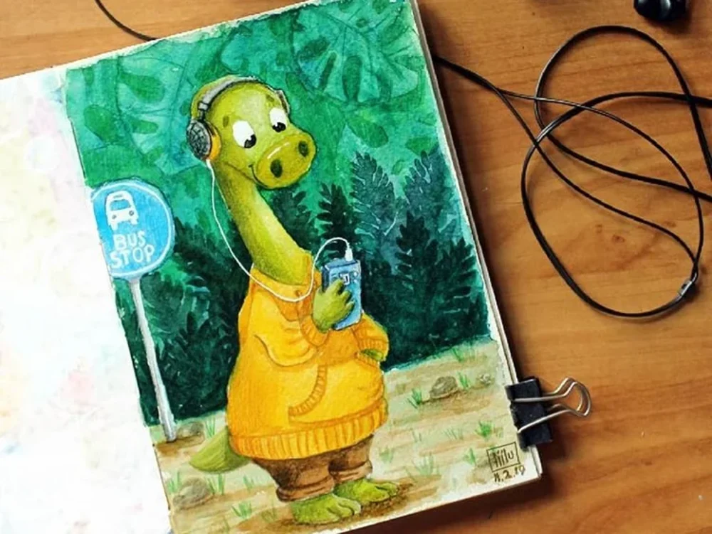 A hand-drawn postcard (greeting-card) in watercolor or\and colored ...