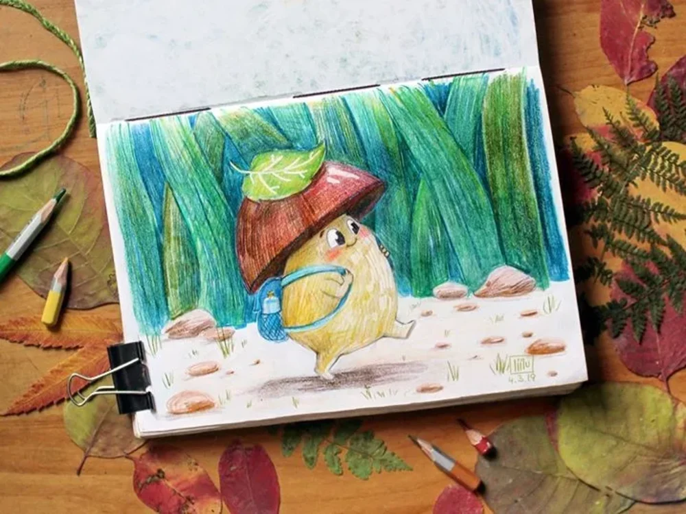 A hand-drawn postcard (greeting-card) in watercolor or\and colored ...