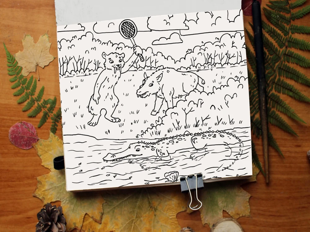 A unique hand-drawn black&white linework coloring page | Upwork