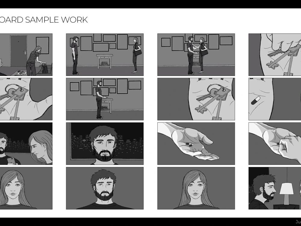 A digitally illustrated grayscale storyboard for your project | Upwork
