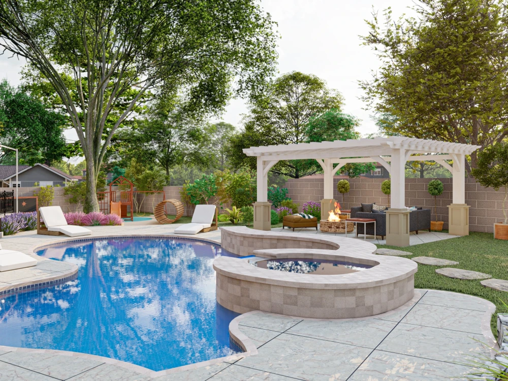 Backyard, front yard, garden, pool, deck, patio design with 3d ...