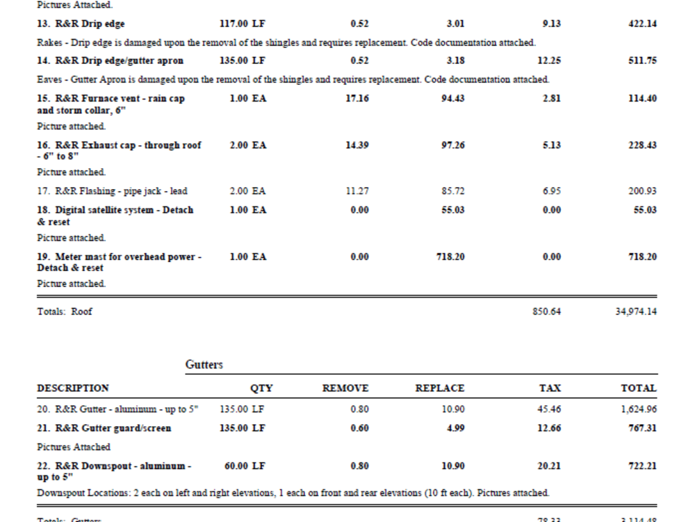 A comprehensive Xactimate restoration estimate w. roofing/exterior ...