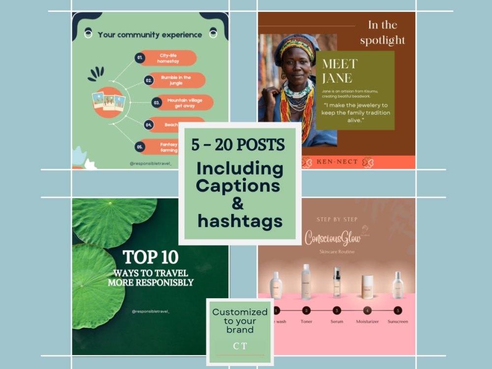 Static posts including graphics, captions and hashtags | Upwork