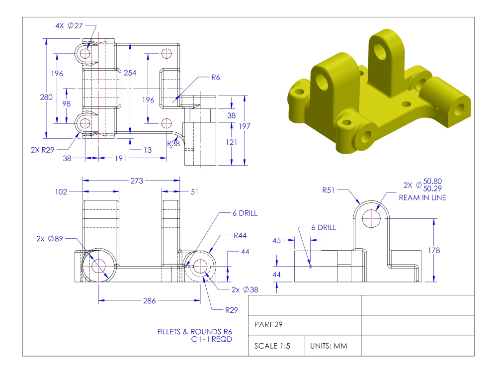 A 3D Model and it's drawing in Solidworks for a mechanical Component ...