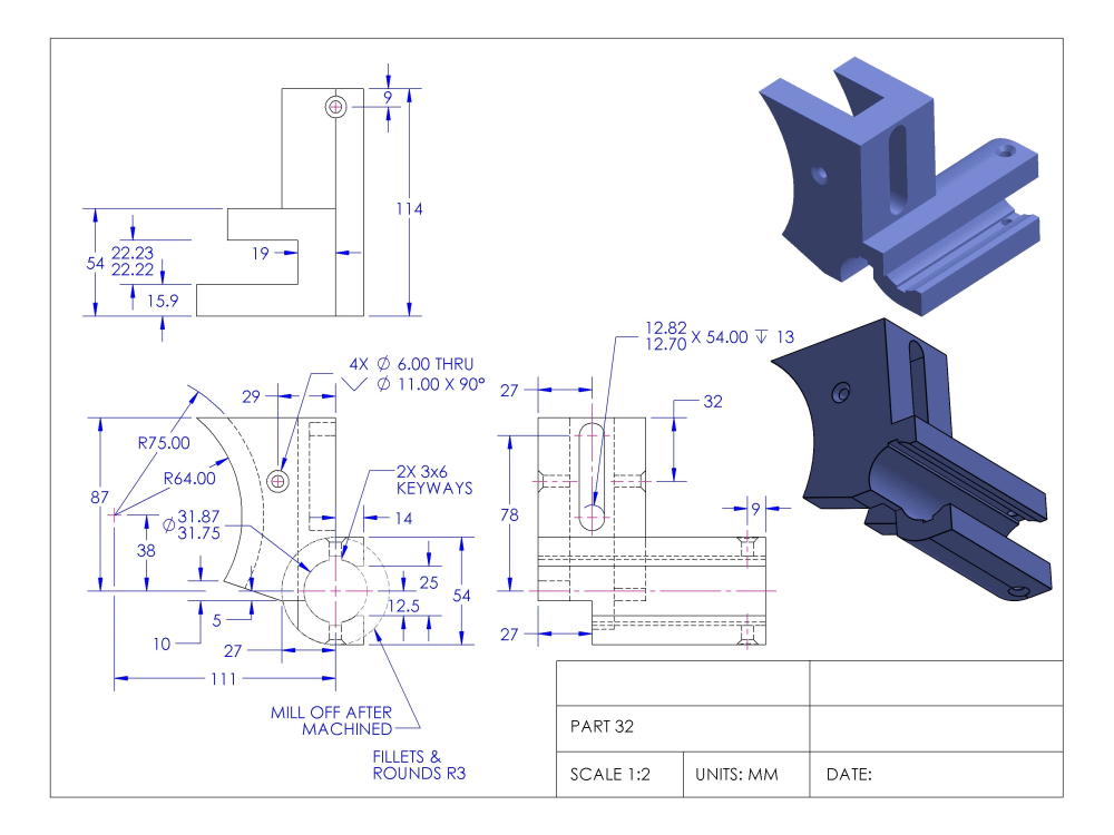 A 3D Model and it's drawing in Solidworks for a mechanical Component ...