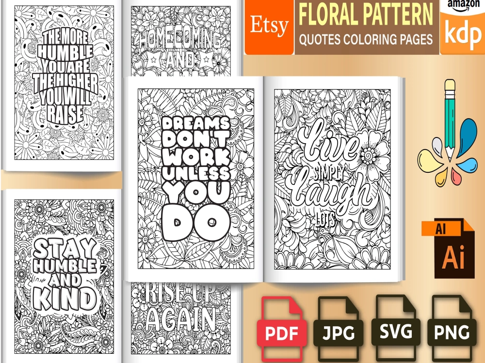 Flora pattern motivational inspirational quotes colouring book pages ...