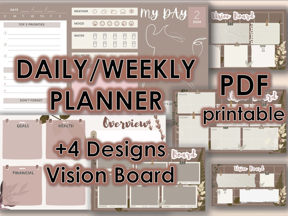 Printable Daily And Weekly Planner And Monthly Vision Board 3 Designs
