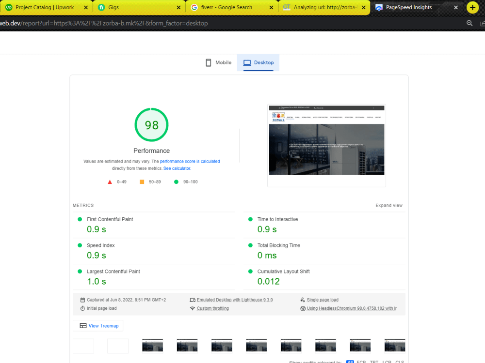 High page speed insight scores | Upwork