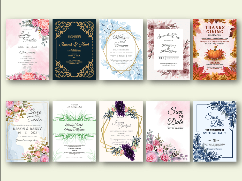 Floral wedding party greetings and save the date invitation card design ...