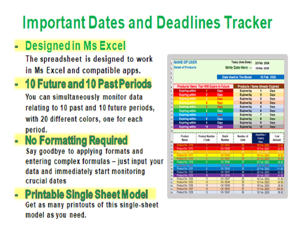 Deadlines, Due Dates, Expiry Dates Tracker Excel Tool | Upwork
