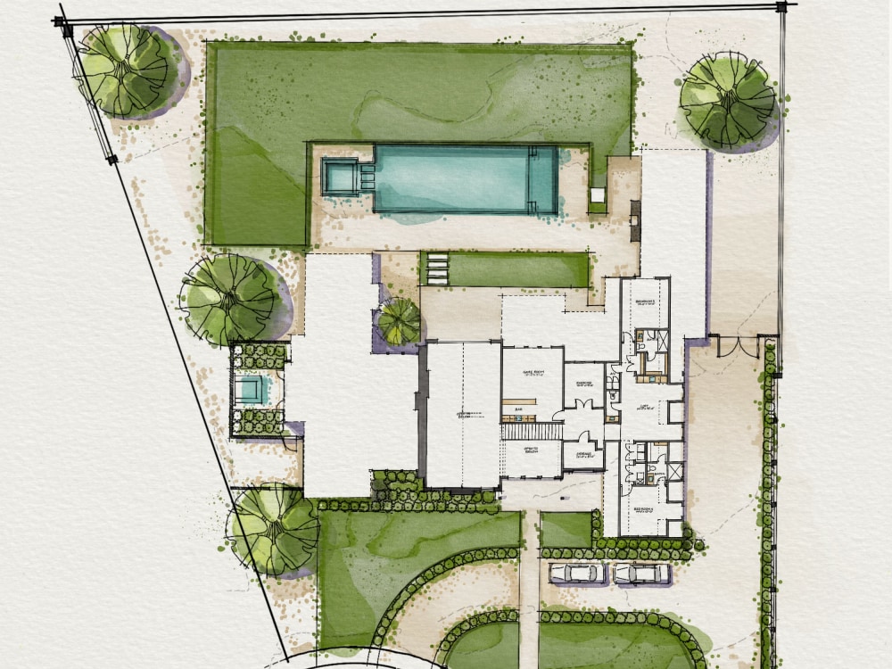 Hand drawn architectural floor plans and landscape site plan renderings ...
