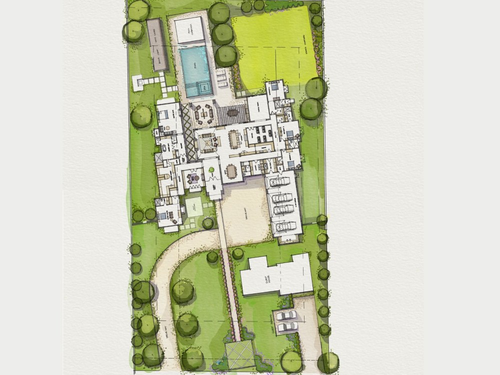Hand drawn architectural floor plans and landscape site plan renderings ...