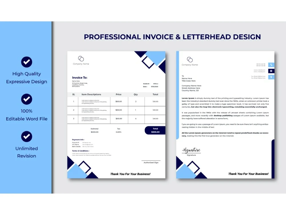 Business invoice, letterhead, order form in editable word format | Upwork