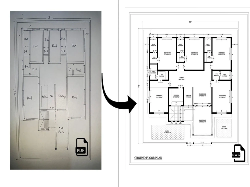 PDF, sketch, drawing converted to CAD, DWG, autocad | Upwork