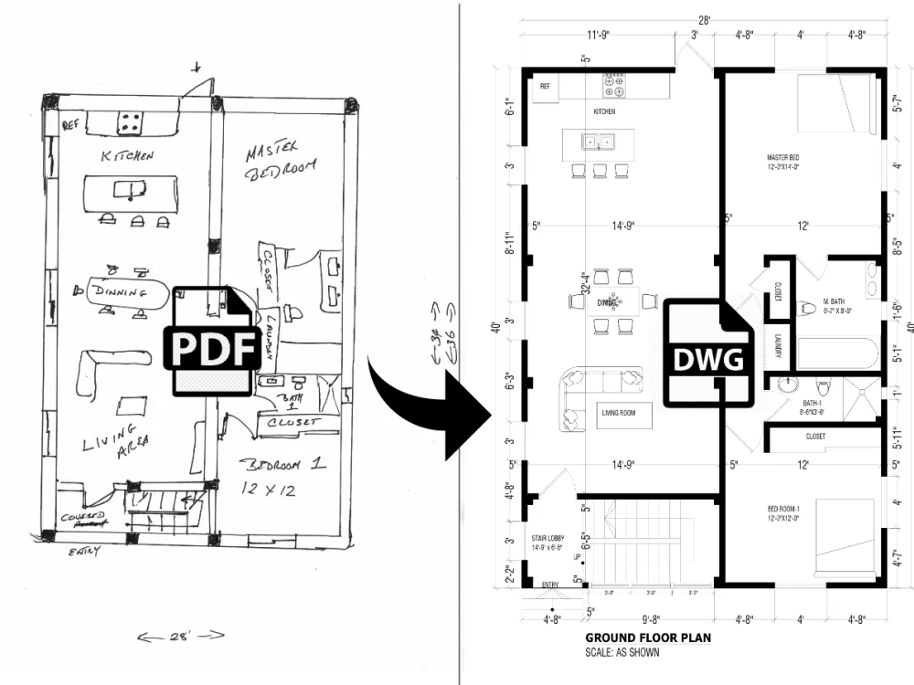 2D architectural drawings & floor plans convert from Pdf, sketch or ...