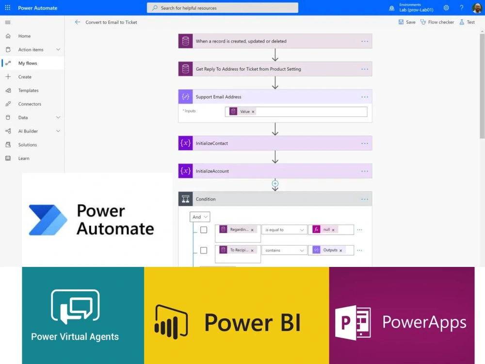 Microsoft power Automate, power BI, power virtual agents, power Apps ...