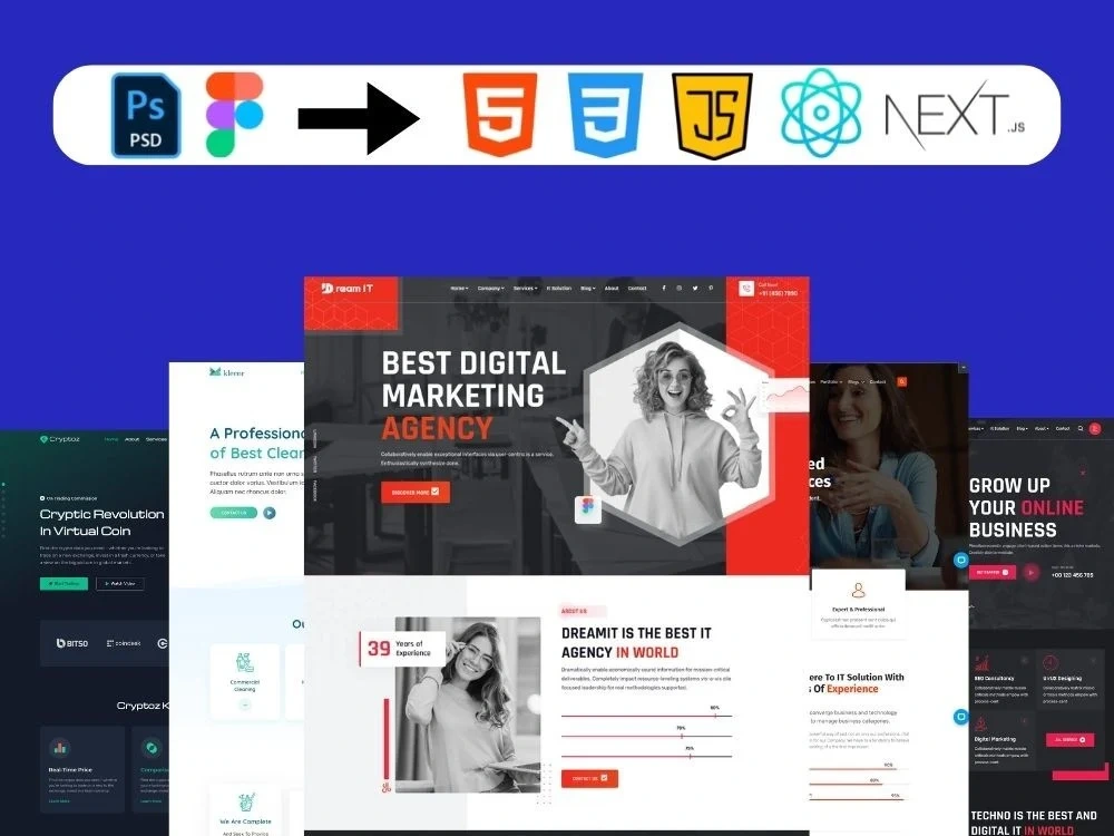 PSD converted to HTML and Figma to React or Next JS responsive website | Upwork