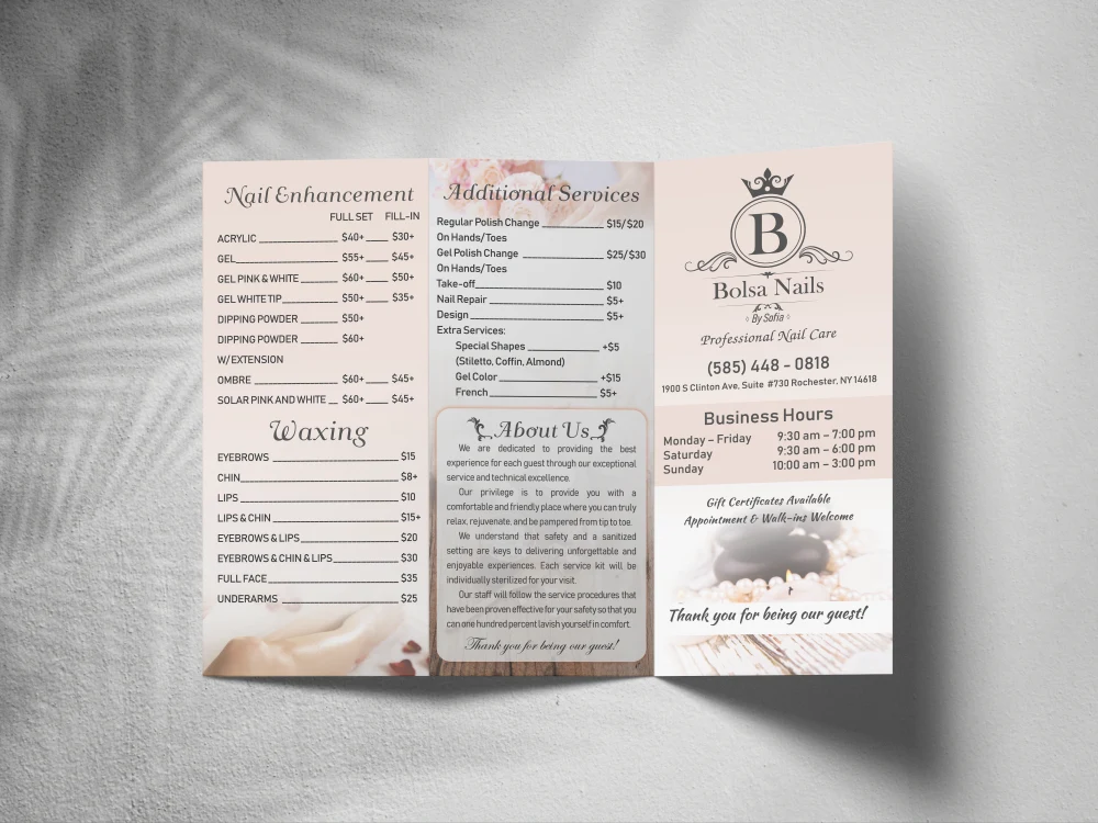 A nice and fancy Spa and Nail Menu, brochure, name card | Upwork