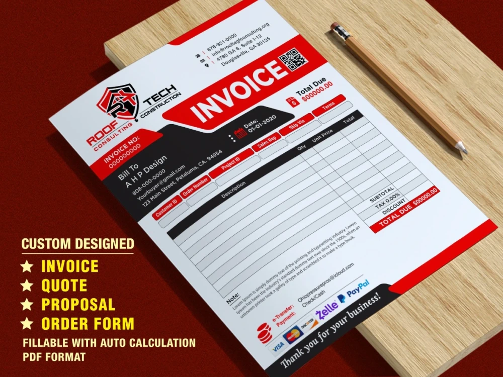 Invoice, Order Form Design with Fillable & Auto Calculated PDF Format ...