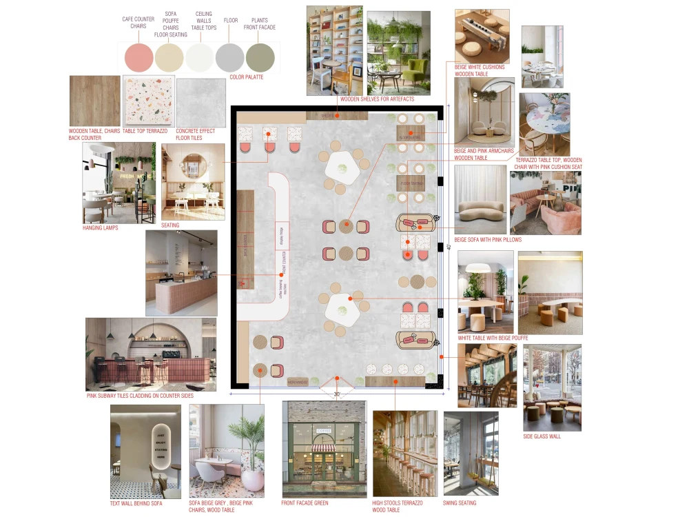 A concept mood board and layout for a cafe/ restaurant. | Upwork