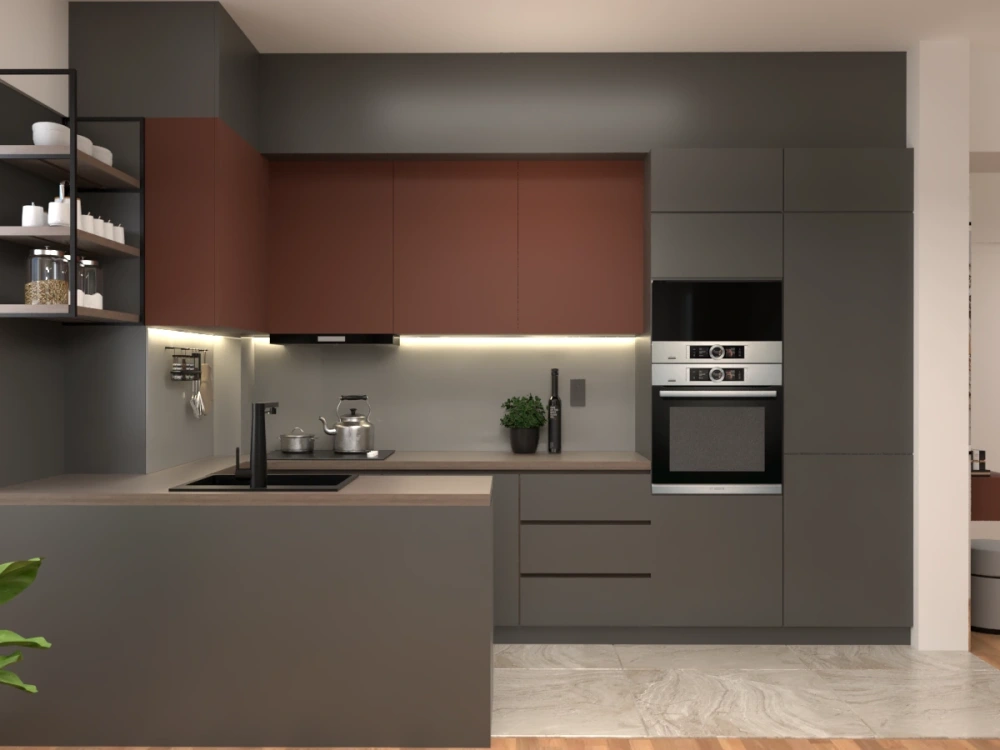 A complete 2d plan and 3d rendering of a modern and functional kitchen ...