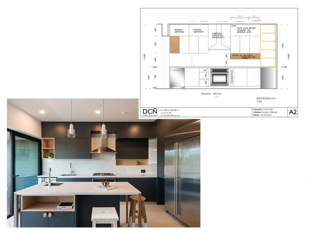 Detailed Kitchen 2D drawings in floor plan and elevation for ...