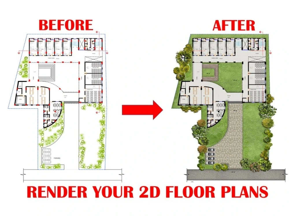 Rendered floor plan, site plan, elevation, section | Upwork