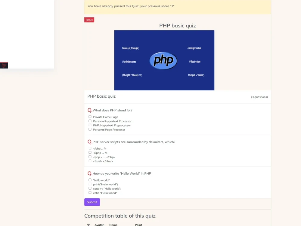 Quiz (exam) project written Laravel framework (PHP) , PostgreSQL and more. | Upwork
