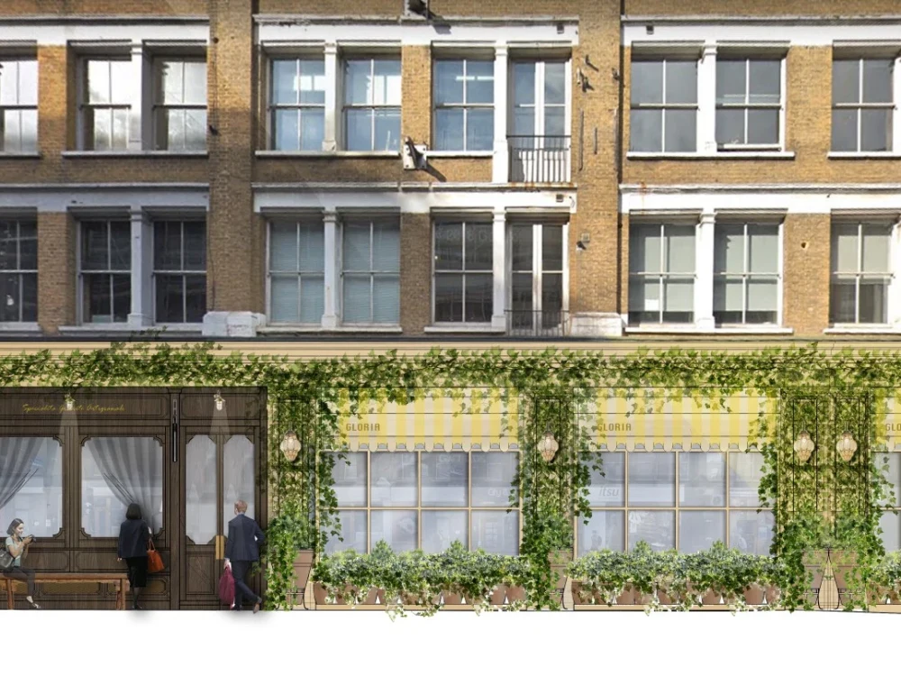 A colored architectural elevation rendered with materials and textures ...