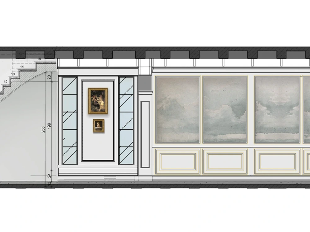 A colored architectural elevation rendered with materials and textures ...