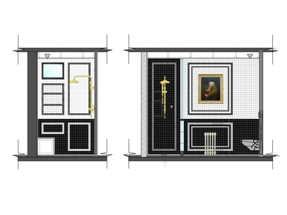 A colored architectural elevation rendered with materials and textures ...