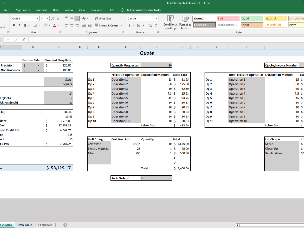 An automated quote calculator in Excel. | Upwork