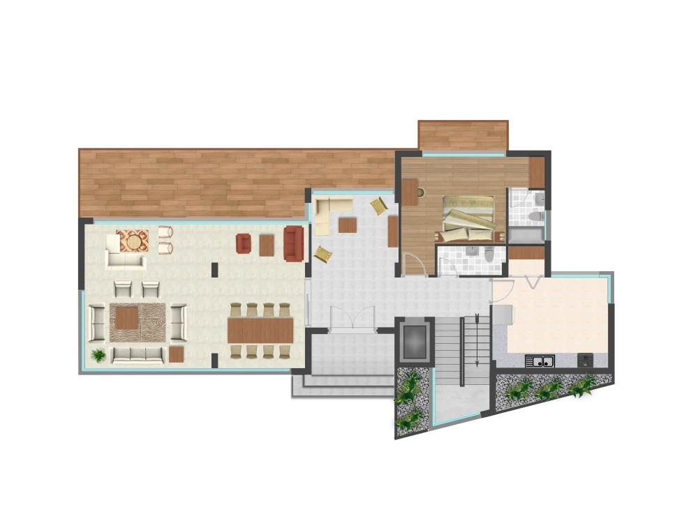 A rendered architecture floor plan with furniture | Upwork