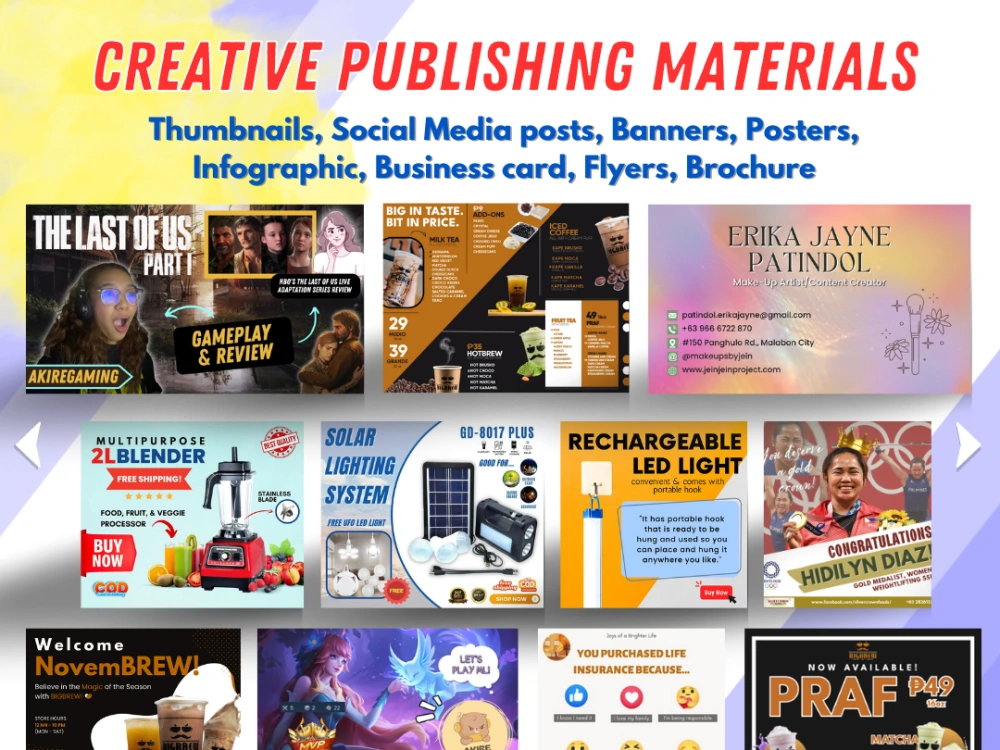 Creative publishing materials such as thumbnails, posters, ads ...
