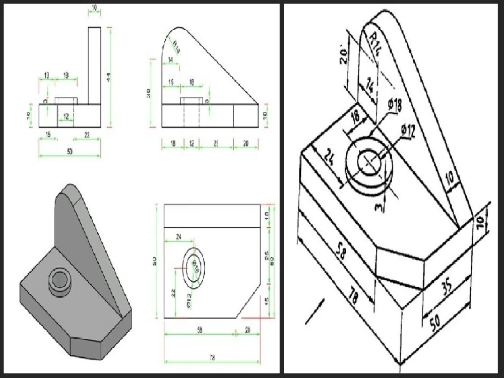 Orthographic projection and isometric view are drawn in Autocad for ...