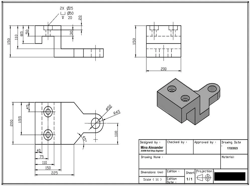 Orthographic projection and isometric view are drawn in Autocad for ...