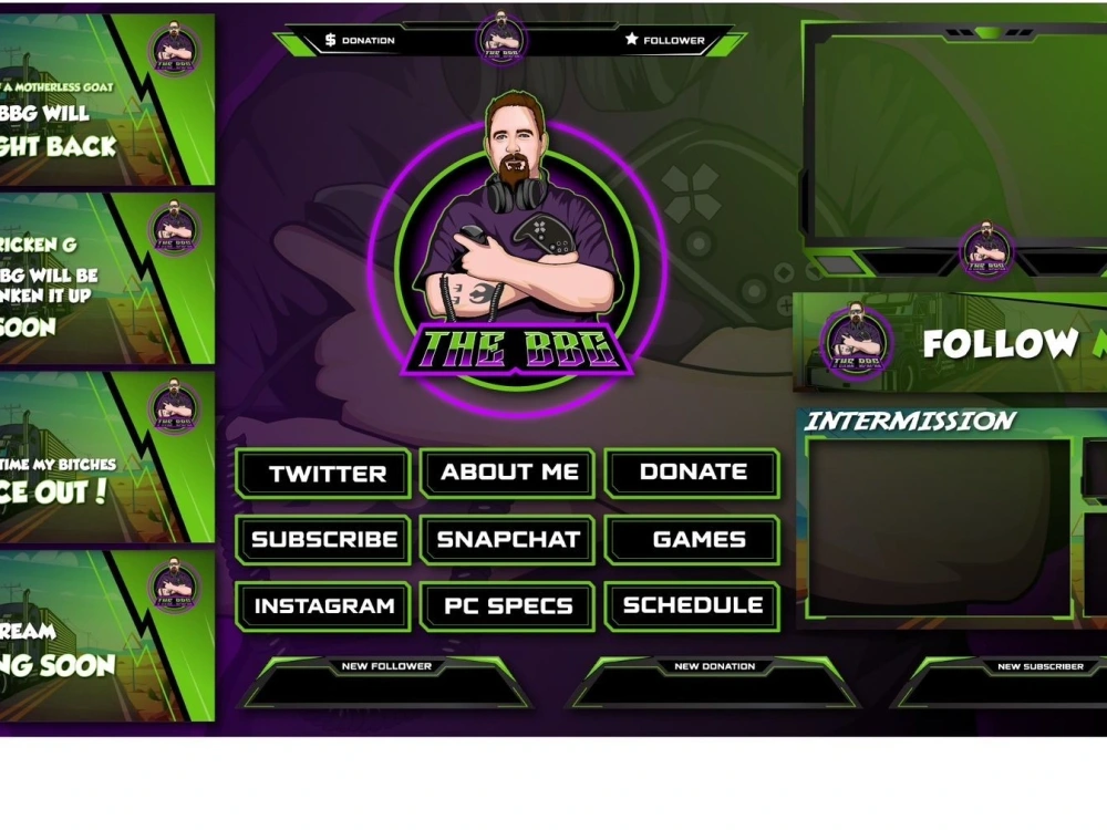 Twitch logo, panels, streaming layouts, intro outro videos, emotes ...