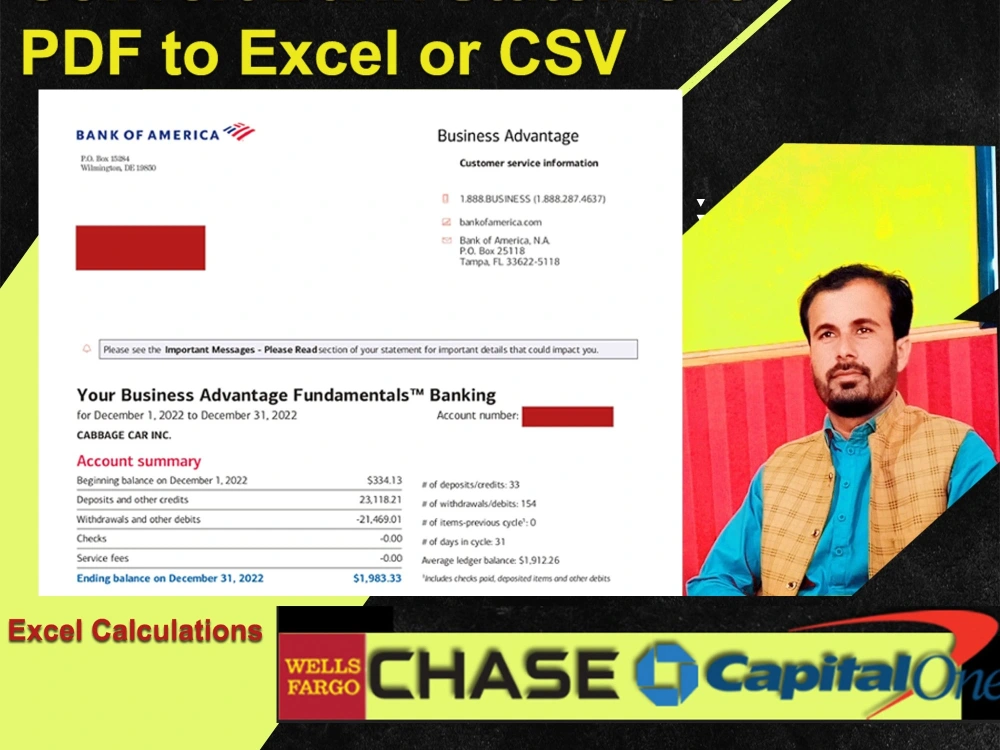 Bank statement from pdf to excel or any editable format google sheet, csv | Upwork