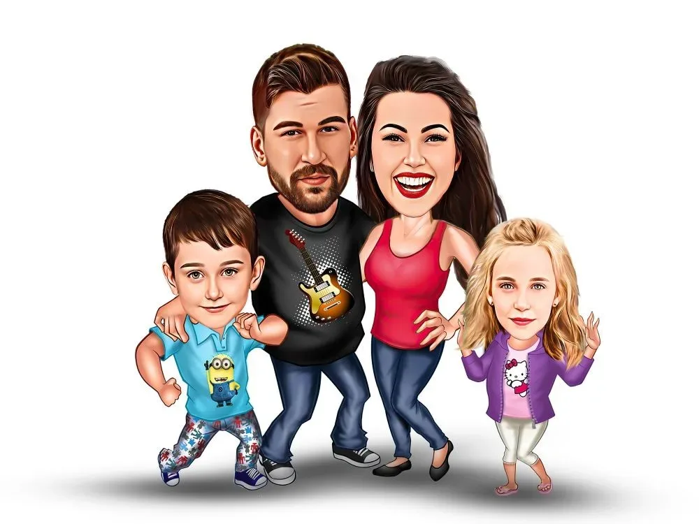 A professional and sophisticated cartoon drawing of a family portrait ...