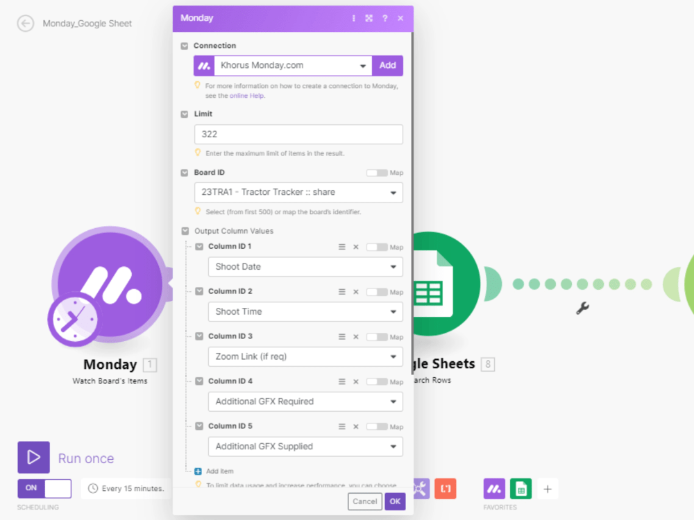 Integrations built using Make.com (integromat) Monday.com > Google Sheet | Upwork