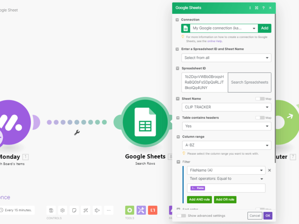 Integrations built using Make.com (integromat) Monday.com > Google Sheet | Upwork