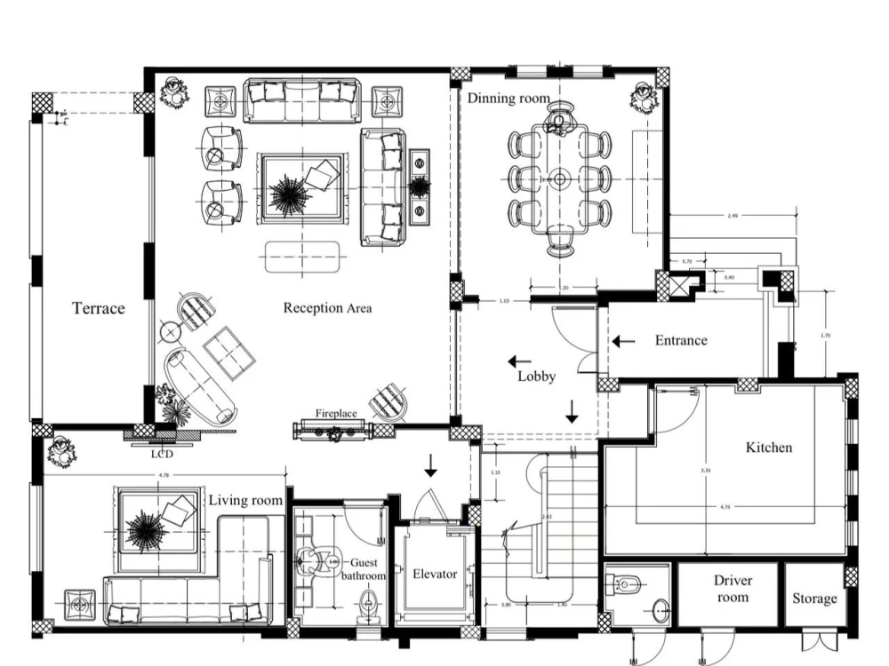 A 2d floor plan with detailed dimensions, furniture, and texture. | Upwork