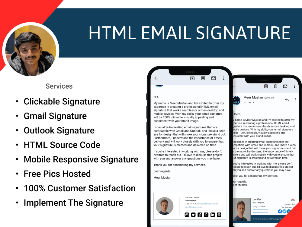 Clickable and responsive HTML email signature, Gmail, Outlook signature | Upwork