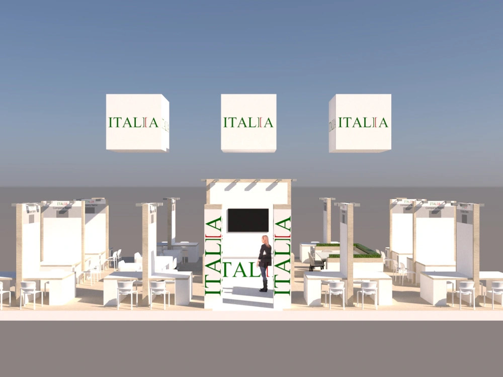 A 3D design with elevations and planimetry of an island booth - trade ...