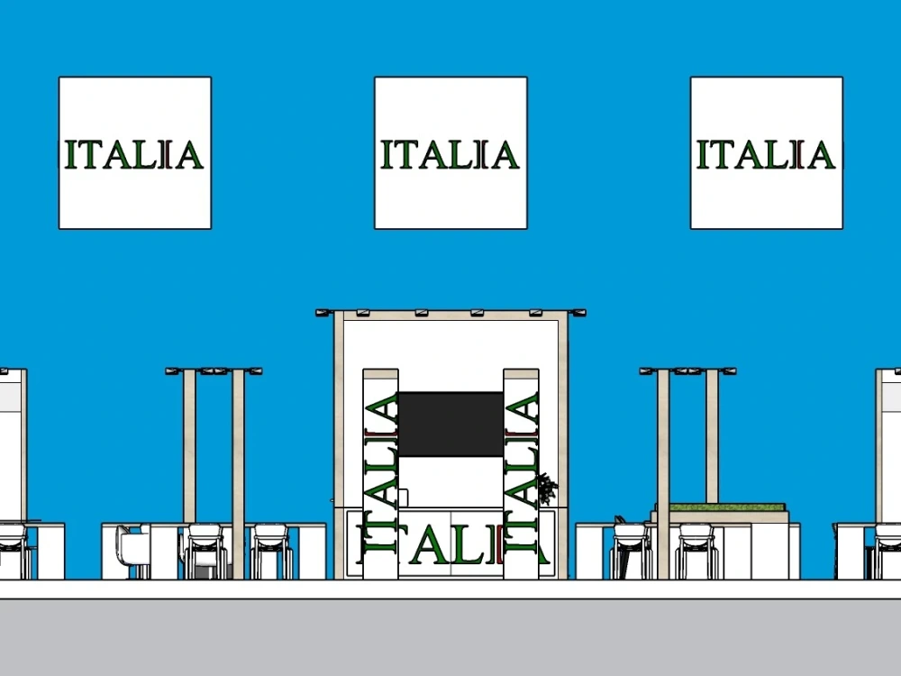 A 3D design with elevations and planimetry of an island booth - trade ...