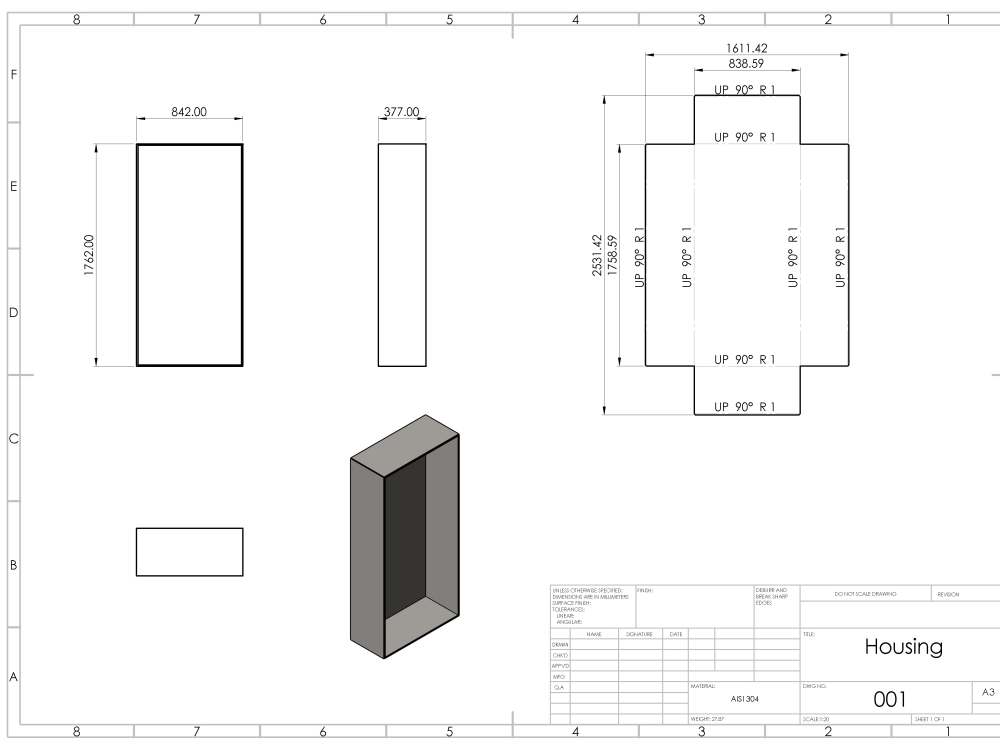 A DXF/DWG file for laser cutting or a drawing of a sheet metal part ...