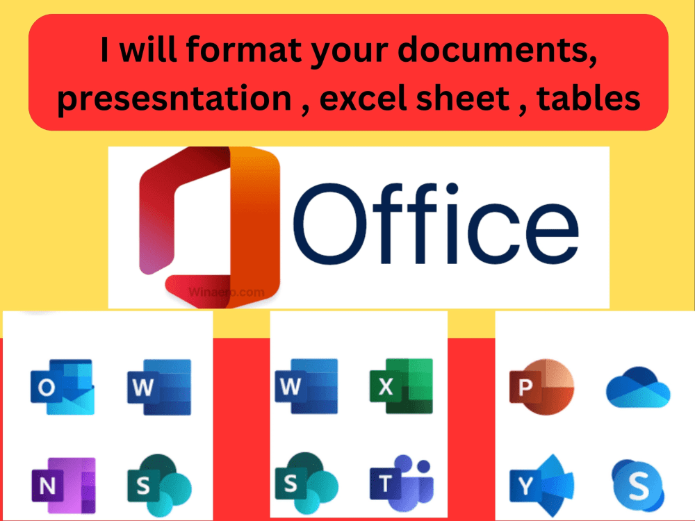 Ms office formatting, typing, tables, presentations, excel sheets etc ...