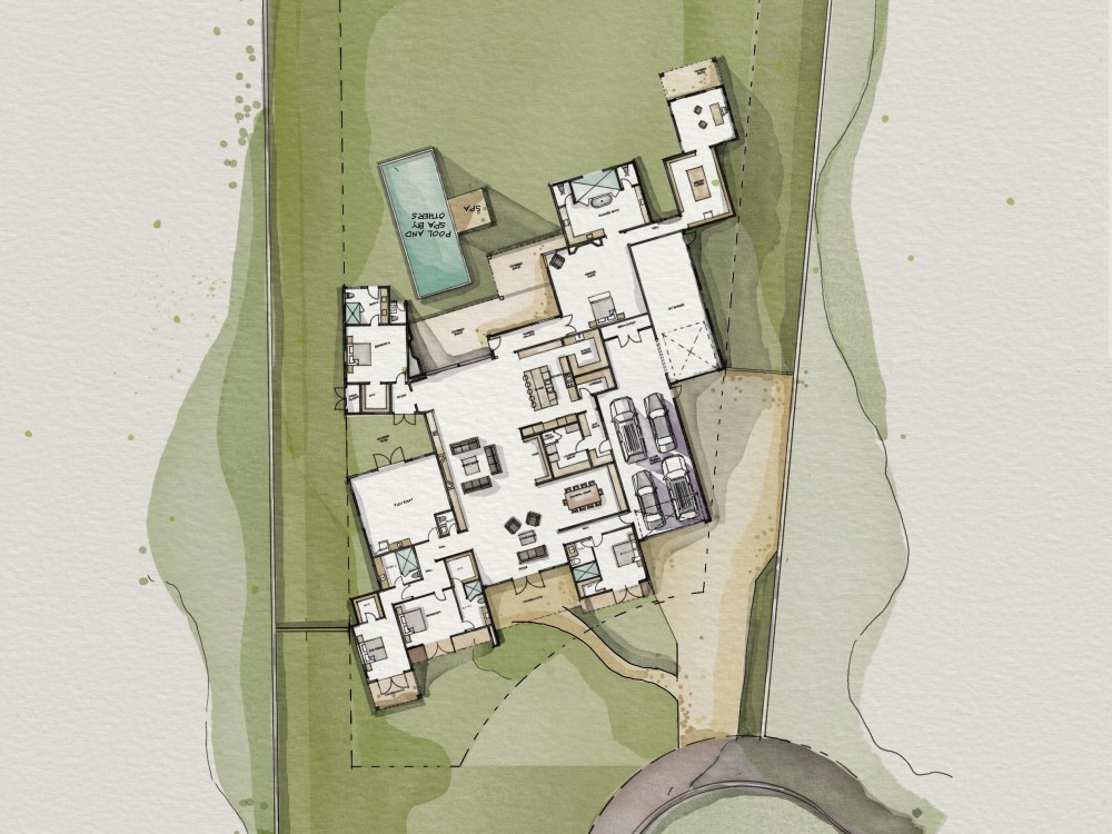 Hand drawn architectural floor plans and landscape site plan renderings ...