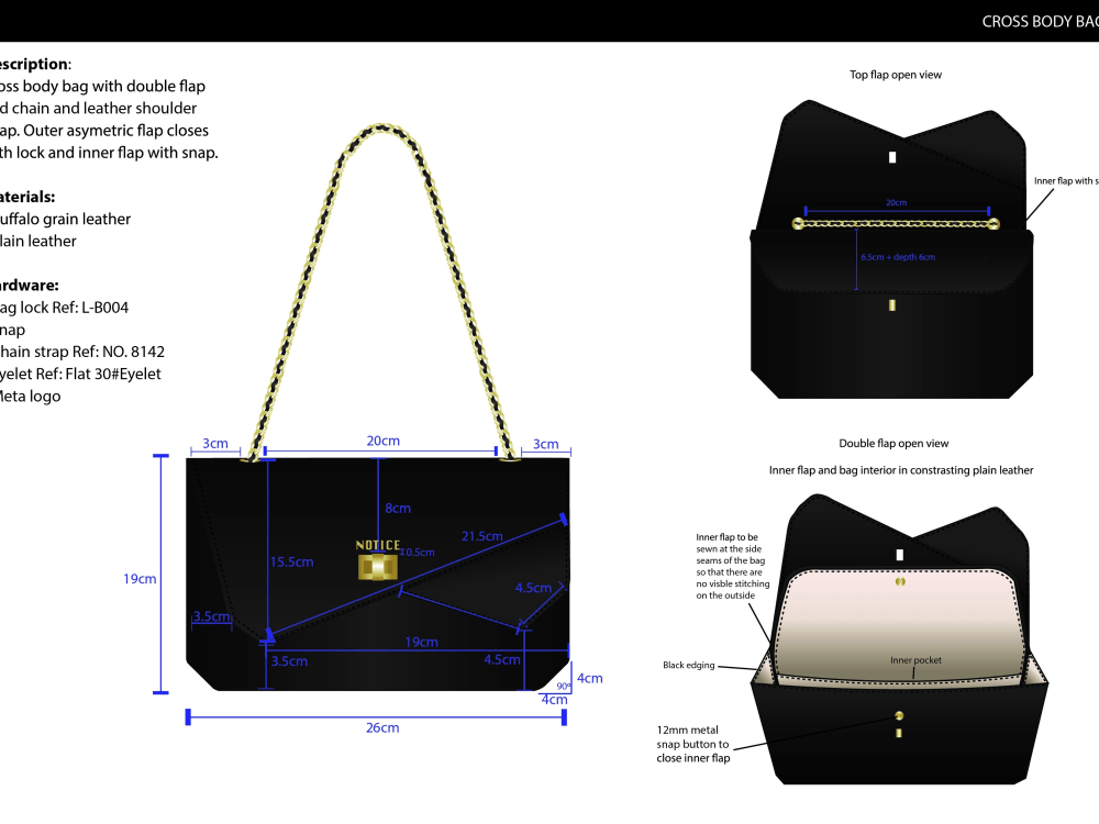 A detailed tech pack to manufacture a prototype of a tote, wallet or ...